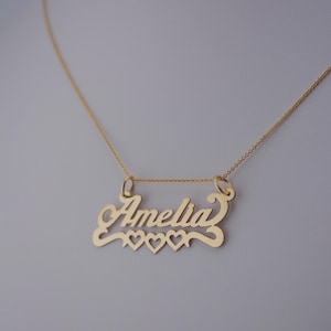 Gold Triple Heart and Curves Nameplate Pendant - 10K or 14K Solid Real ...