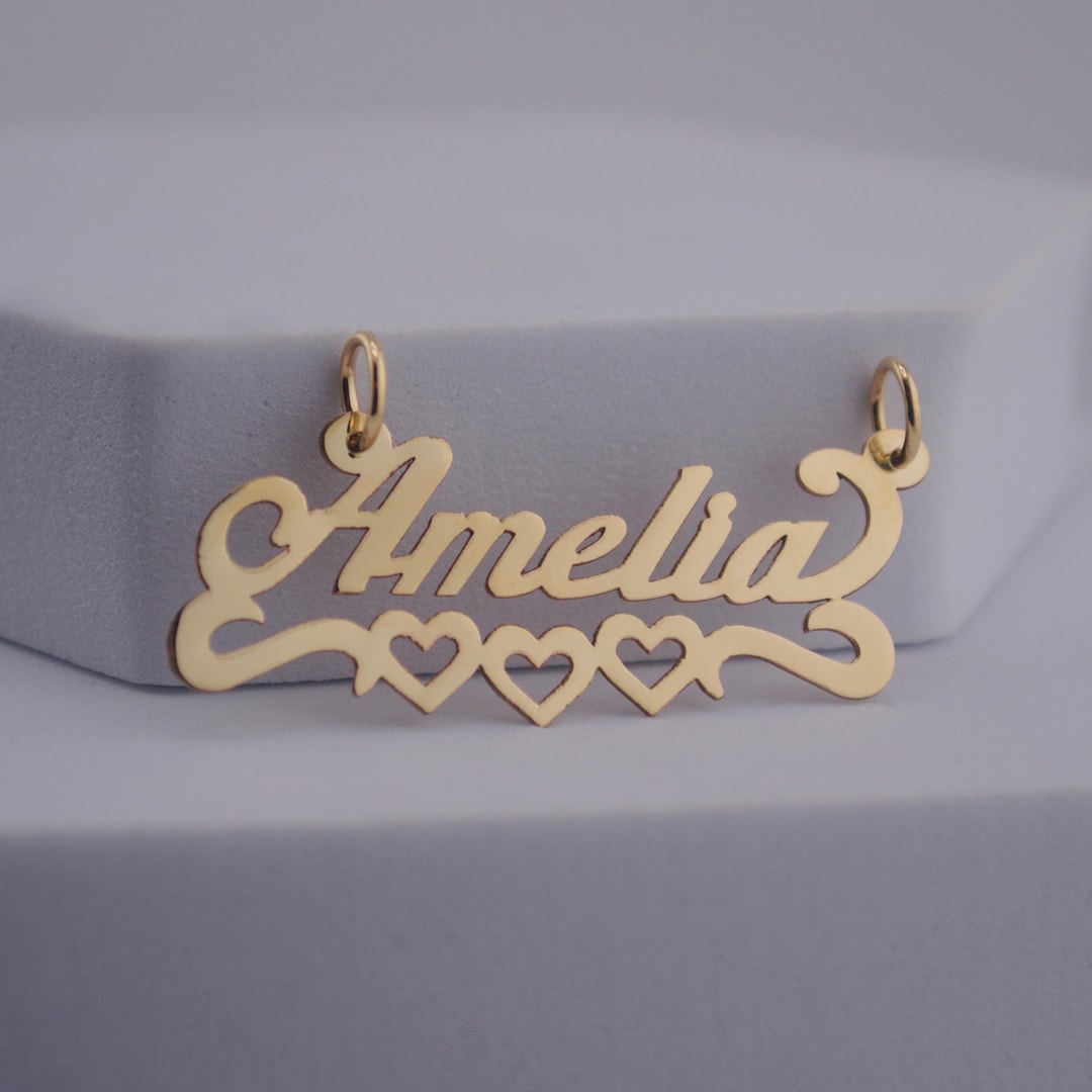 Gold Triple Heart and Curves Nameplate Pendant - 10K or 14K Solid Real ...