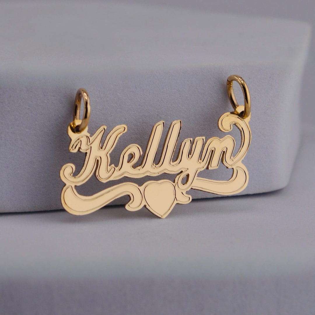 Mini Curved Heart Nameplate Pendant | Lined Style - 10K/14K Solid Real ...
