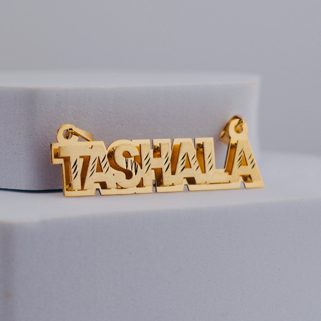 Double Nameplate 3D Gold Block Nameplate Pendant - Solid Real Gold ...