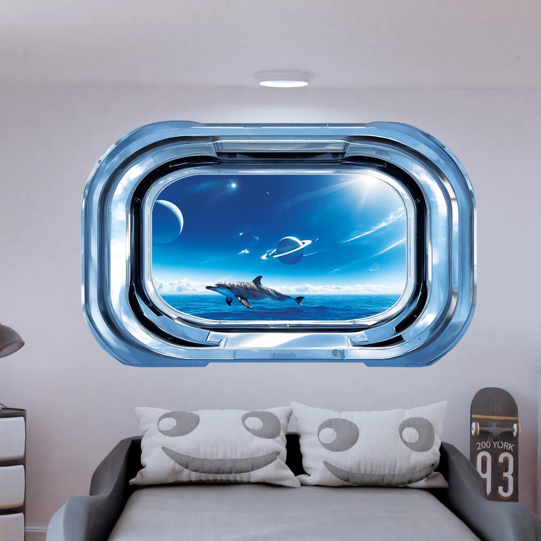 Space Portal Wall Decal: Vinyl Spaceship Window With Dolphin & Planets ...