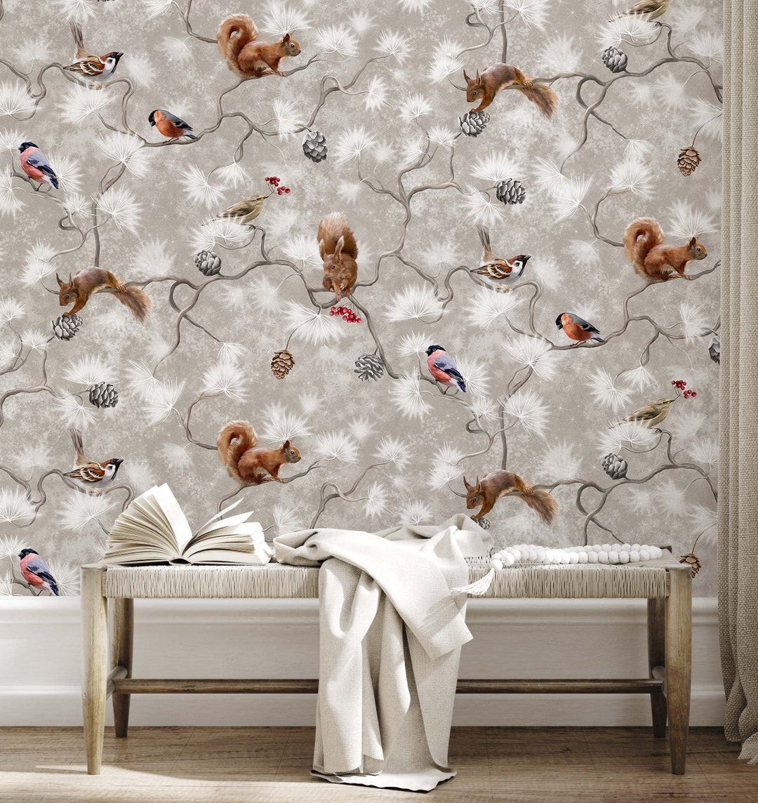 Squirrels Birds Tree Wallpaper, Removable Living Room Wallpaper ...