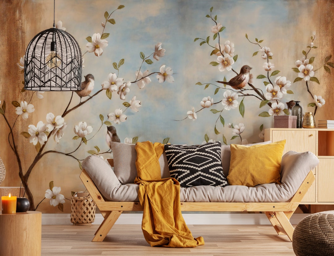 Vintage Floral Birds Tree Wallpaper, Removable Living Room Wallpaper ...