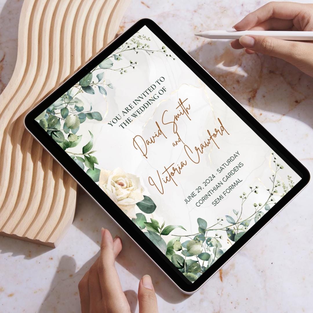 Sage Green Wedding Invitation Template, Greenery Gold Marble Wedding ...