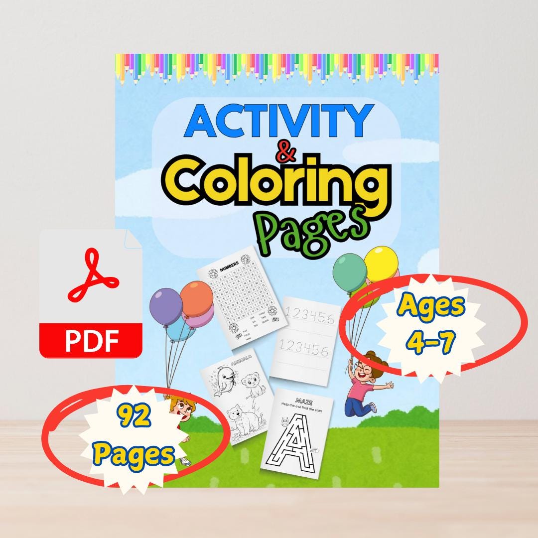 92 Activity & Coloring Pages for Kids Ages 4-7: Word Search, Tracing ...