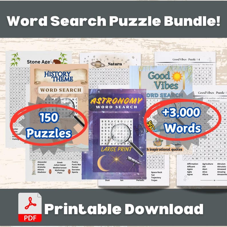 150 Word Search Puzzle Bundle, History, Astronomy, Good Vibes Theme ...