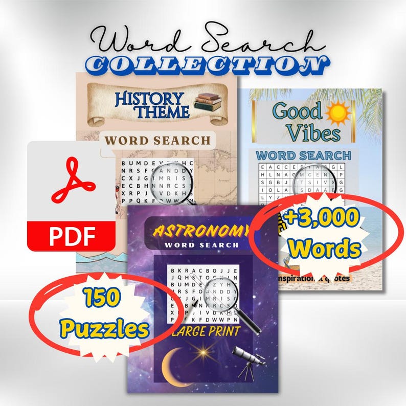 150 Word Search Puzzle Bundle, History, Astronomy, Good Vibes Theme ...
