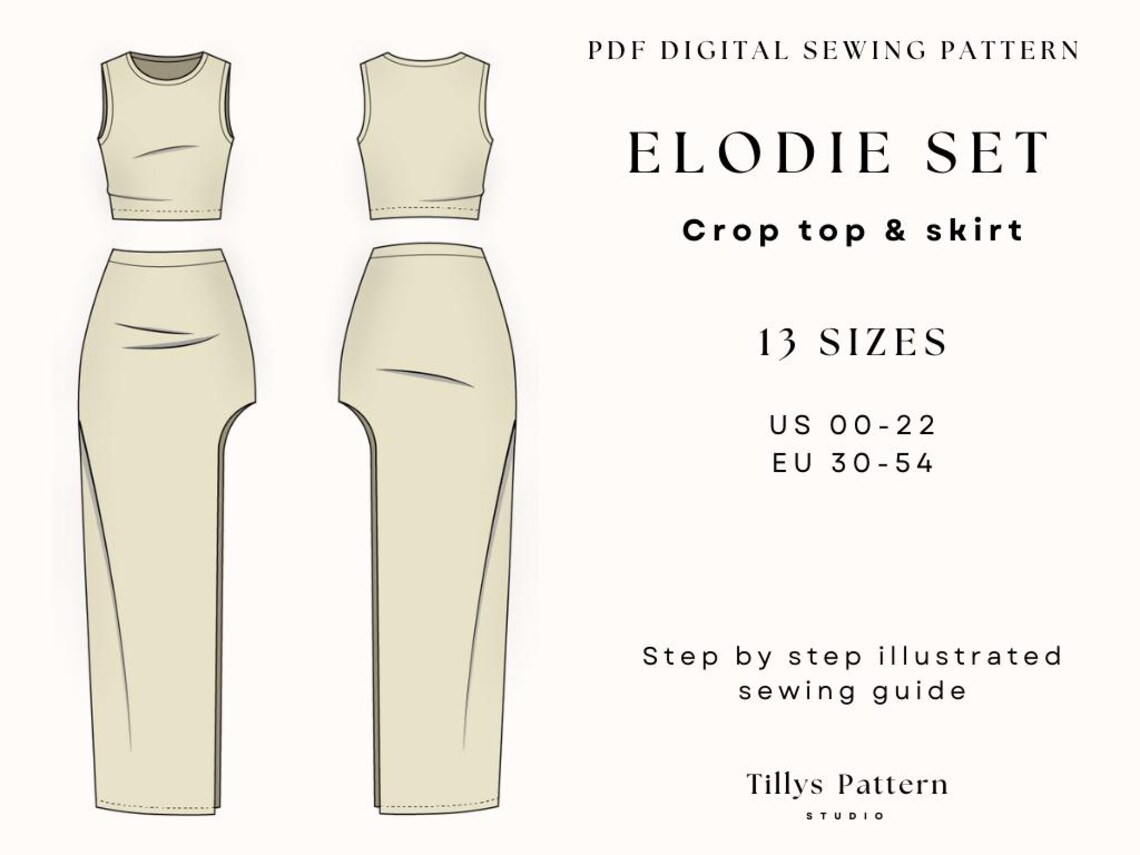 Crop Top and Skirt Set Sewing Patternxxs-4xl Slit Skirt Sewing ...