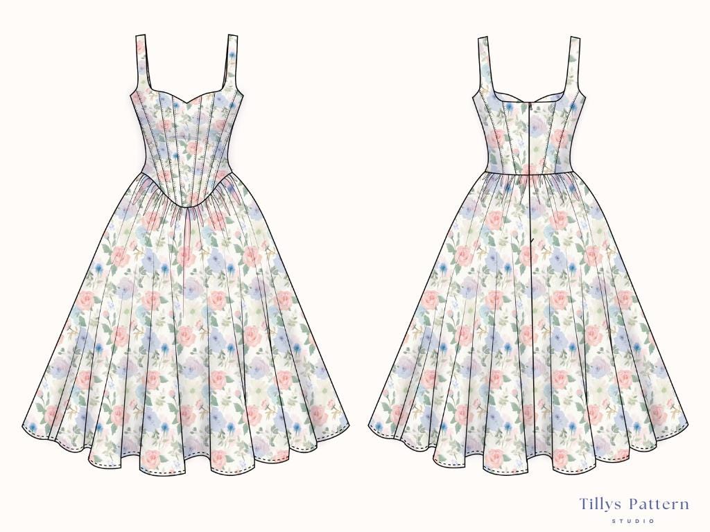 Corset Midi Dress Sewing Pattern| Midi Dress Pattern| Sweetheart Neck ...