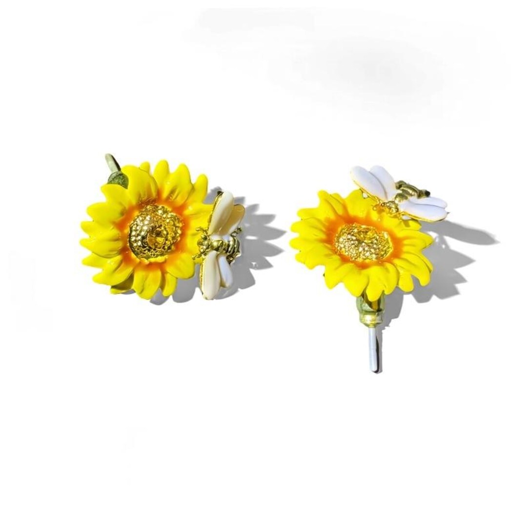 Enamel Sunflower and Bee 18K Gold Plated Stub Earrings - Etsy