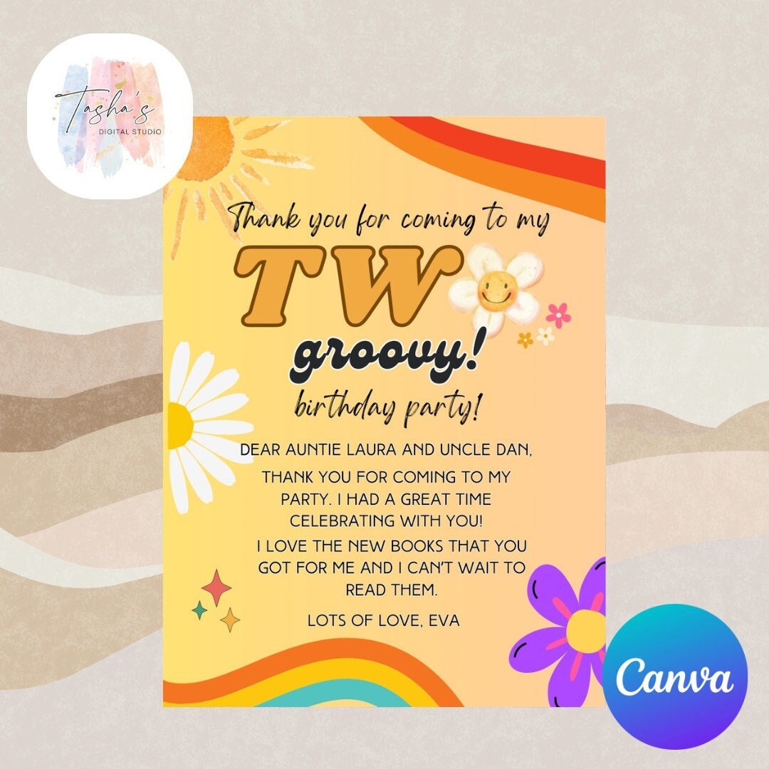 Editable Two Groovy Thank You for Present Birthday Card Toddler ...