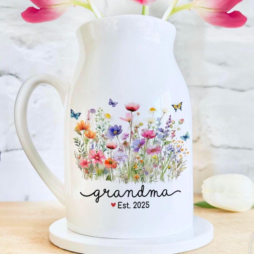 Personalized Floral Ceramic Vase, Custom Vase for Grandma, Floral Vase ...