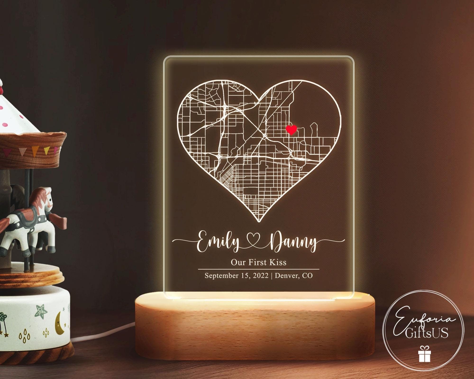 Personalized Our First Date Map Night Light, Custom Map Acrylic Plaque ...