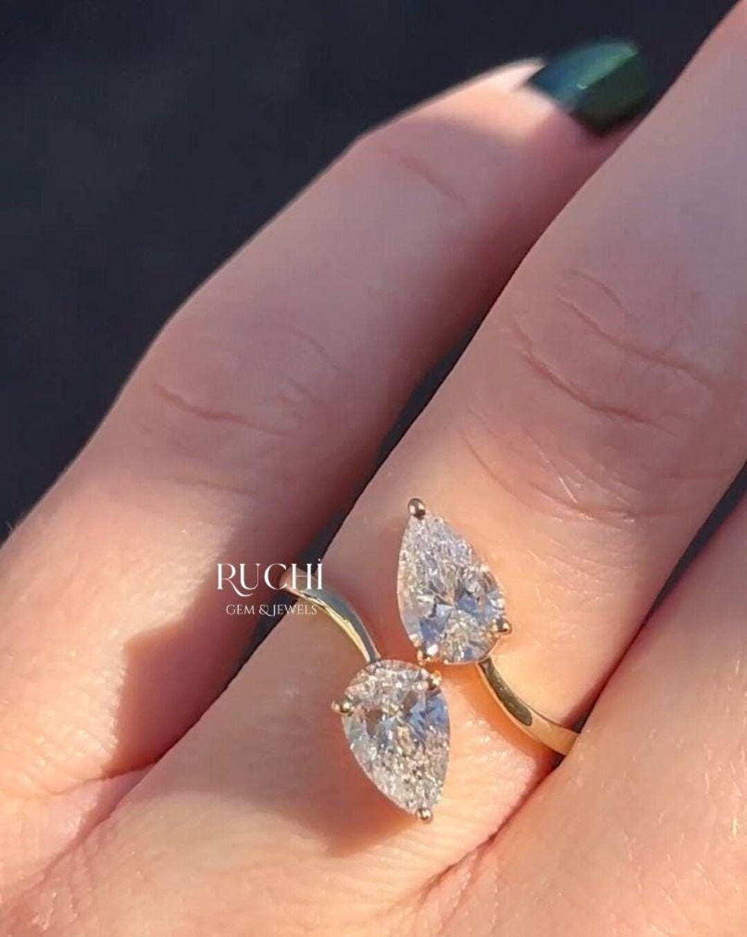 TWO PEAR Dainty Solitaire Duo Engagement Ring , 1 Carat Each , IGI ...