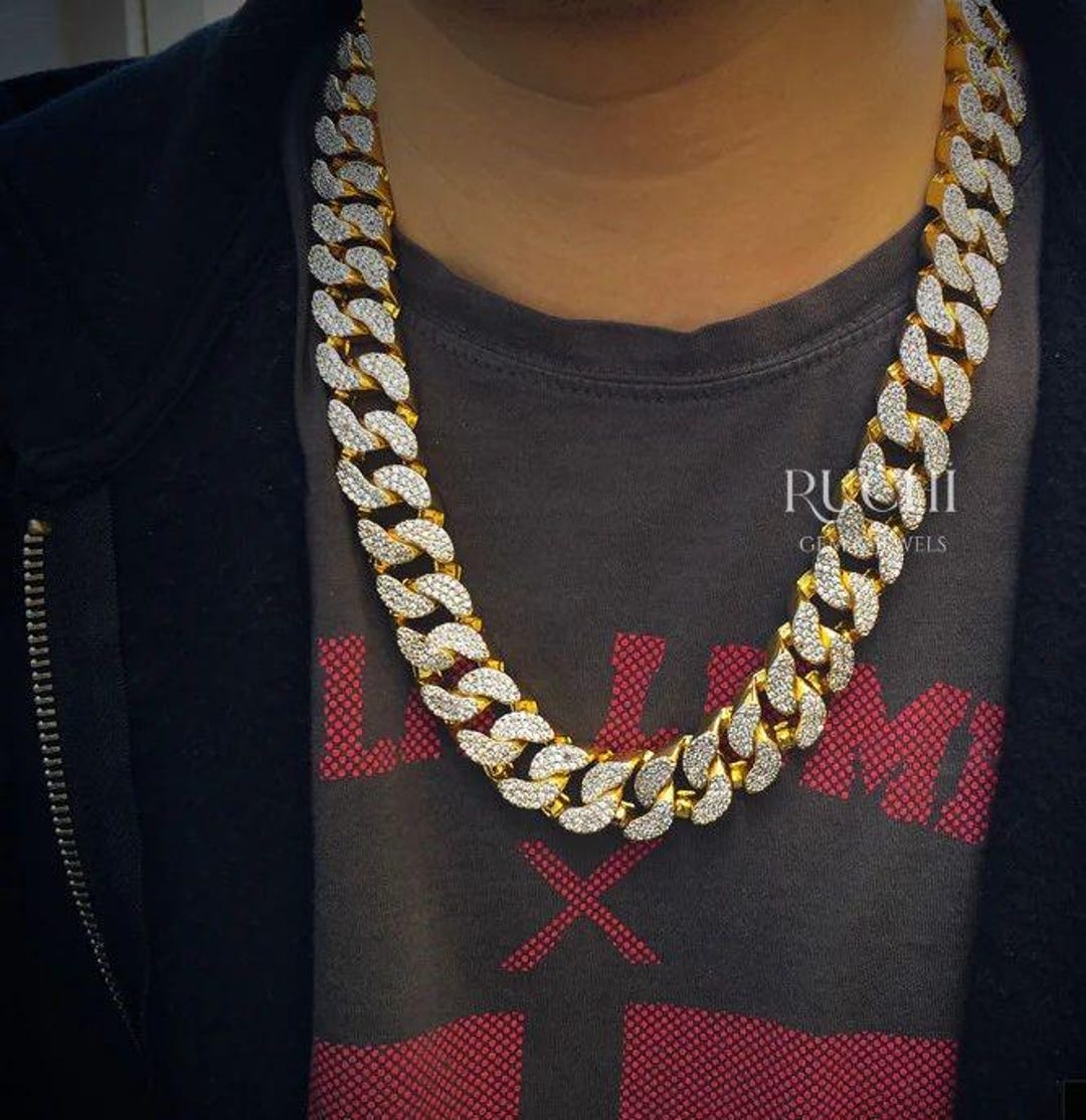 22mm Gold Crushed Out Miami Cuban Chain Moissanite Sterling Silver ...