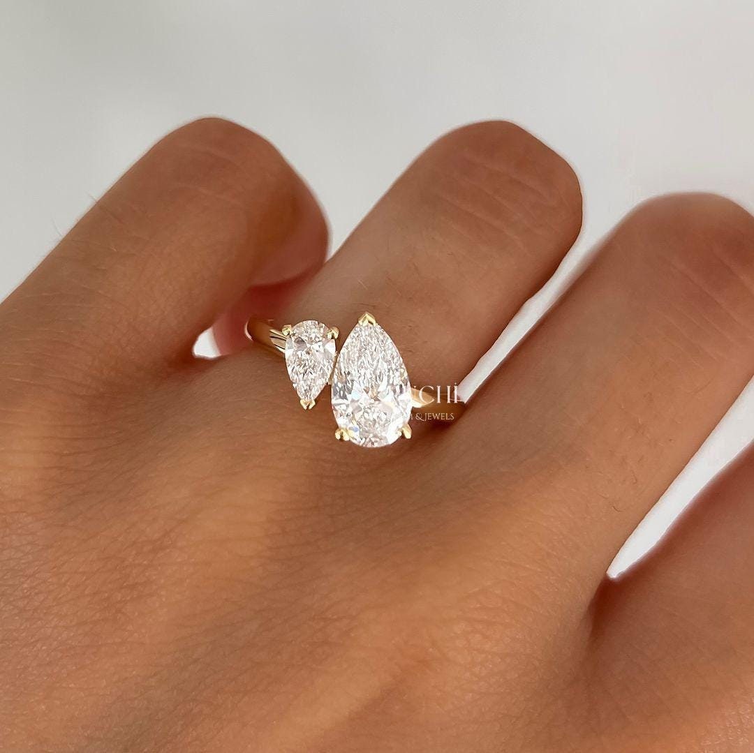 Sideways 2 Carats PEAR DIAMOND RING With Two Stones , a Perfect ...