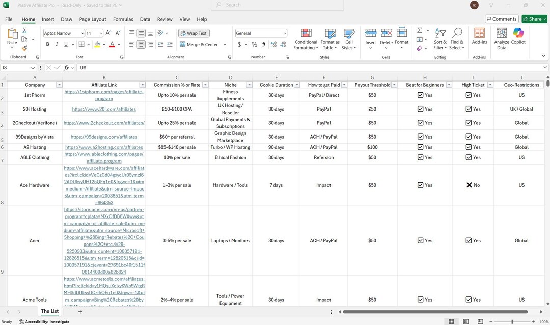 Affiliate Marketing Spreadsheet | Excel | 500+ Direct Affiliate ...