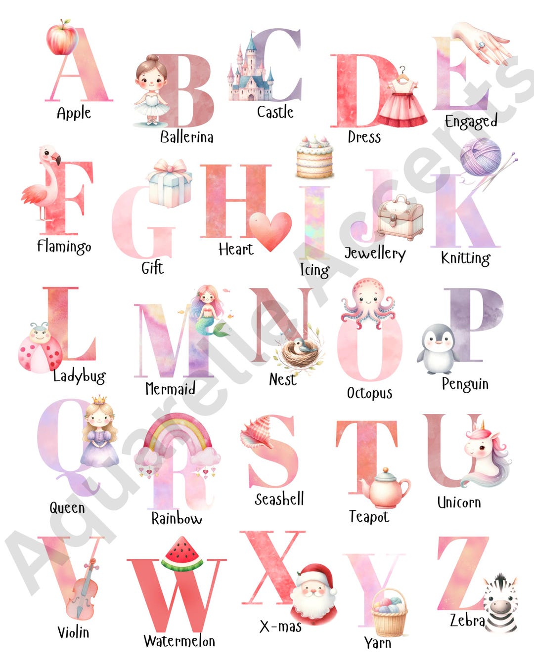 Watercolor Alphabet Poster – Pink Nursery Decor, A-Z Art - Etsy