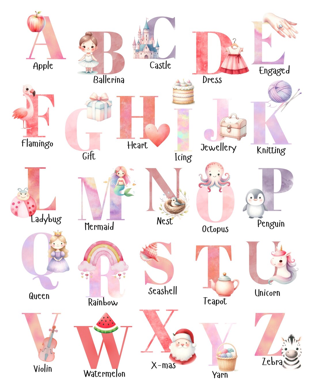 Pink Alphabet, Girls Theme Alphabet - Etsy