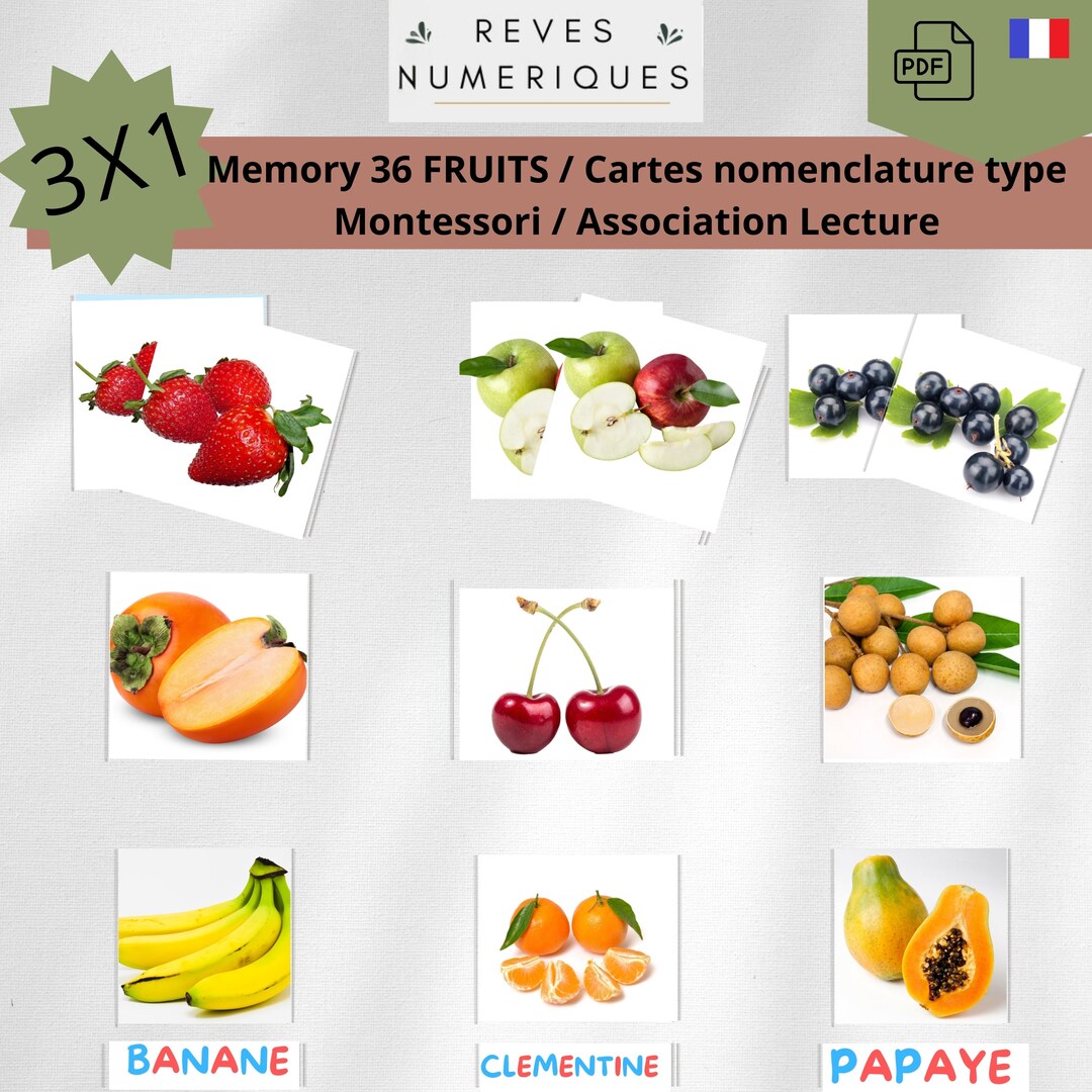 36 Cartes de Fruits en Français - Jeu Memory - Cartes Nomenclature ...