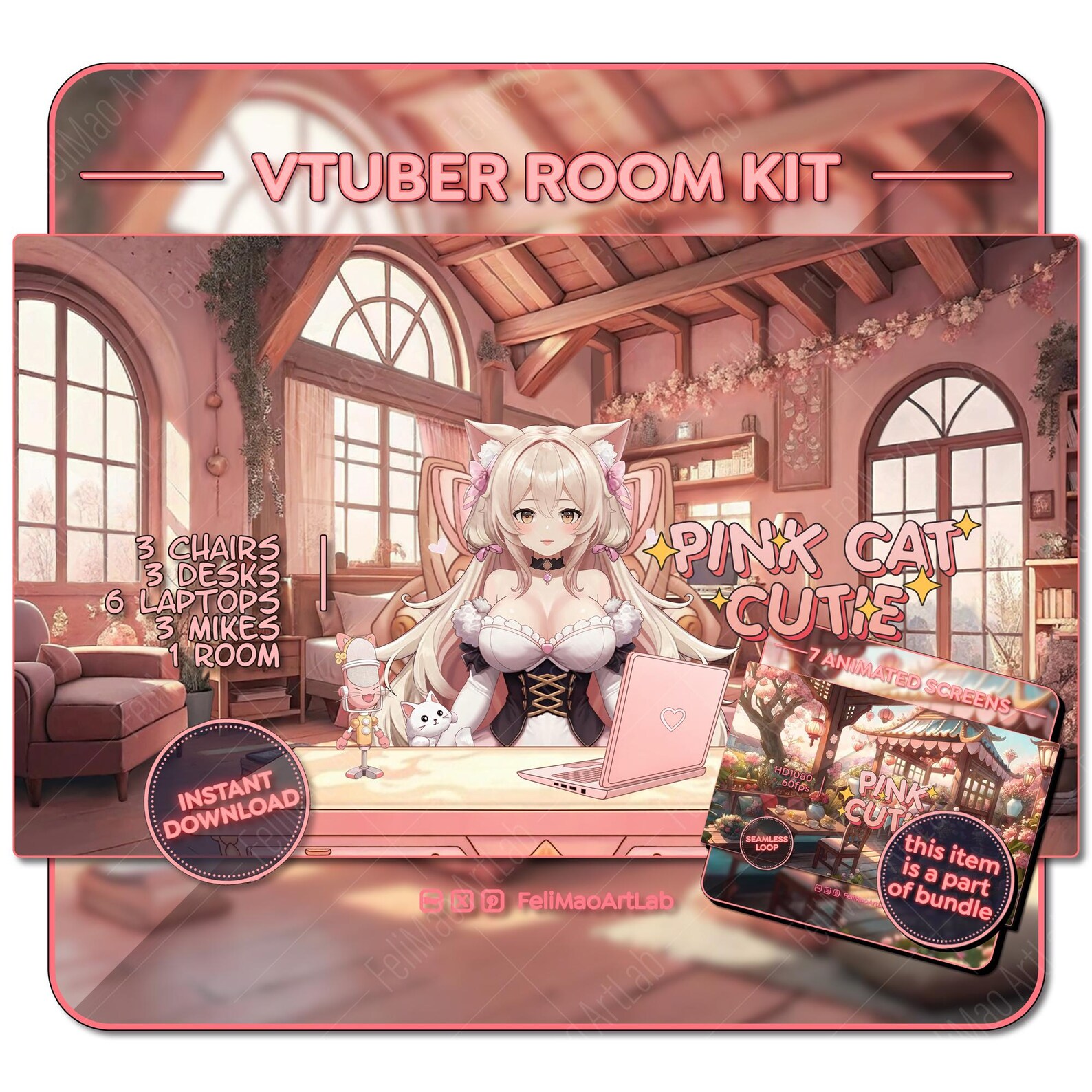 Vtuber Room Kit Pink Cat Cutie Chairs, Desks, Background Stream Asset Twitch / Discord / Stream ...