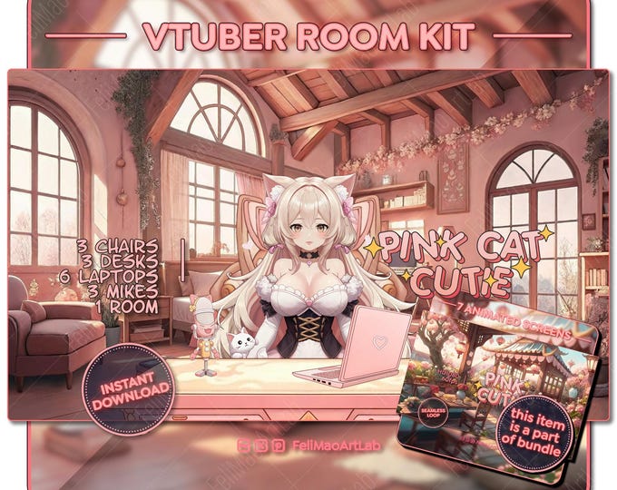 Vtuber Room Kit Pink Cat Cutie Chairs, Desks, Background Stream Asset Twitch / Discord / Stream ...