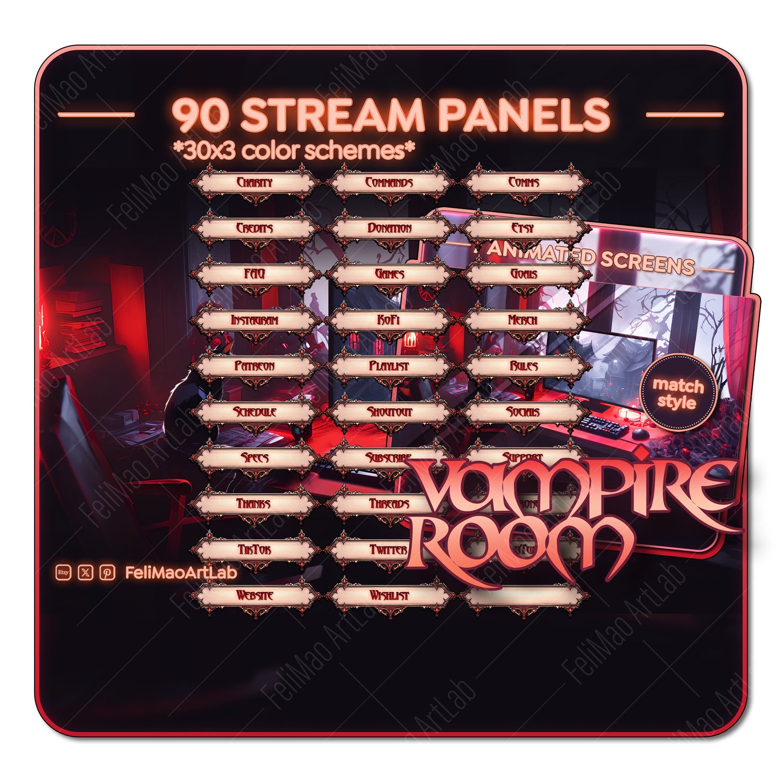 90 Stream Panels, 30x3 Clolor Schemes: Aesthetic Dark Vampire Room Set ...