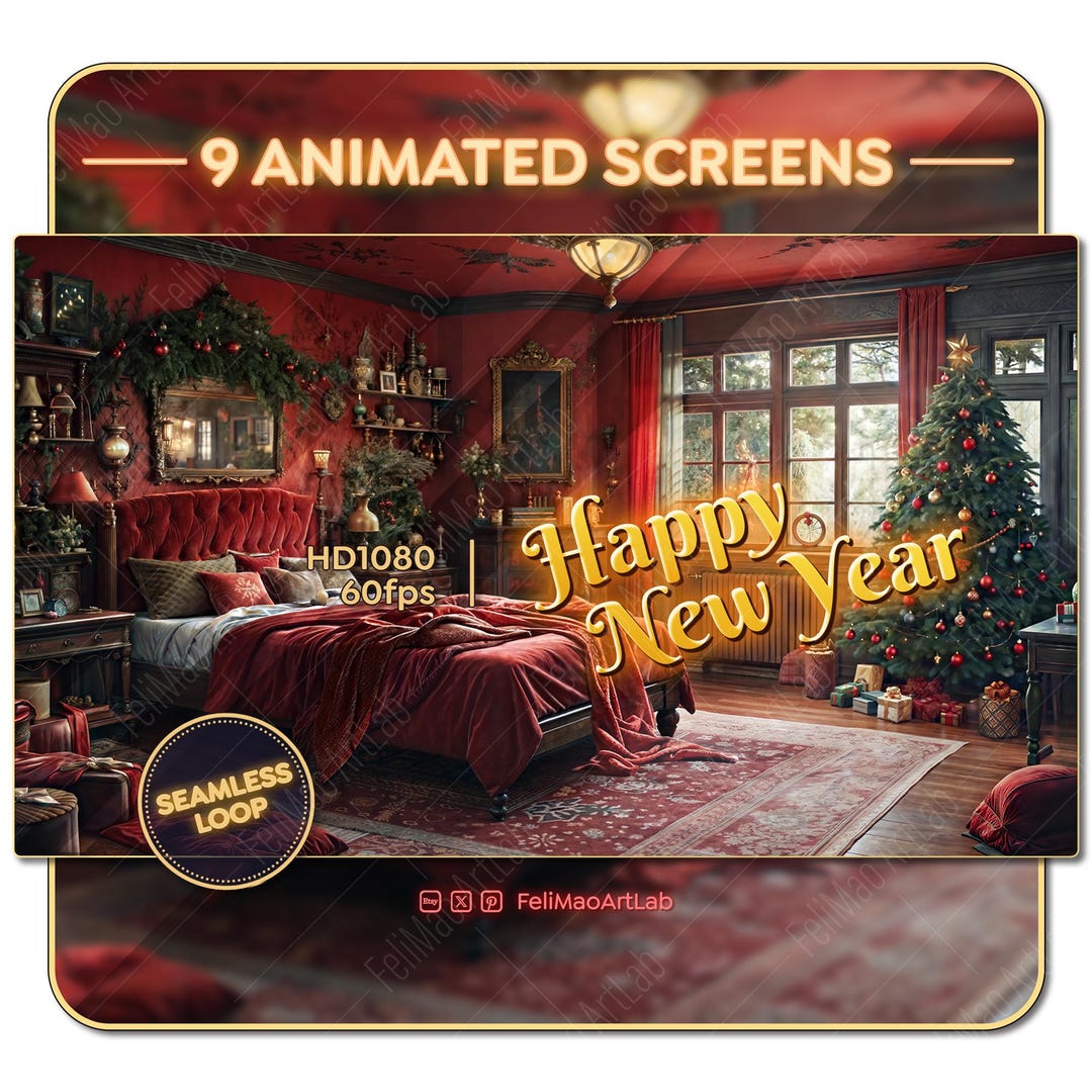 9 ANIMATED Stream Screens Dark Red New Year Merry Christmas Vtuber ...