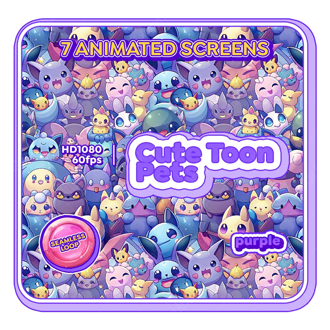 7 ANIMATED Stream Screens, Vtuber Background Overlay: Cute Toon Pets Purple, Seamless Loop - Etsy