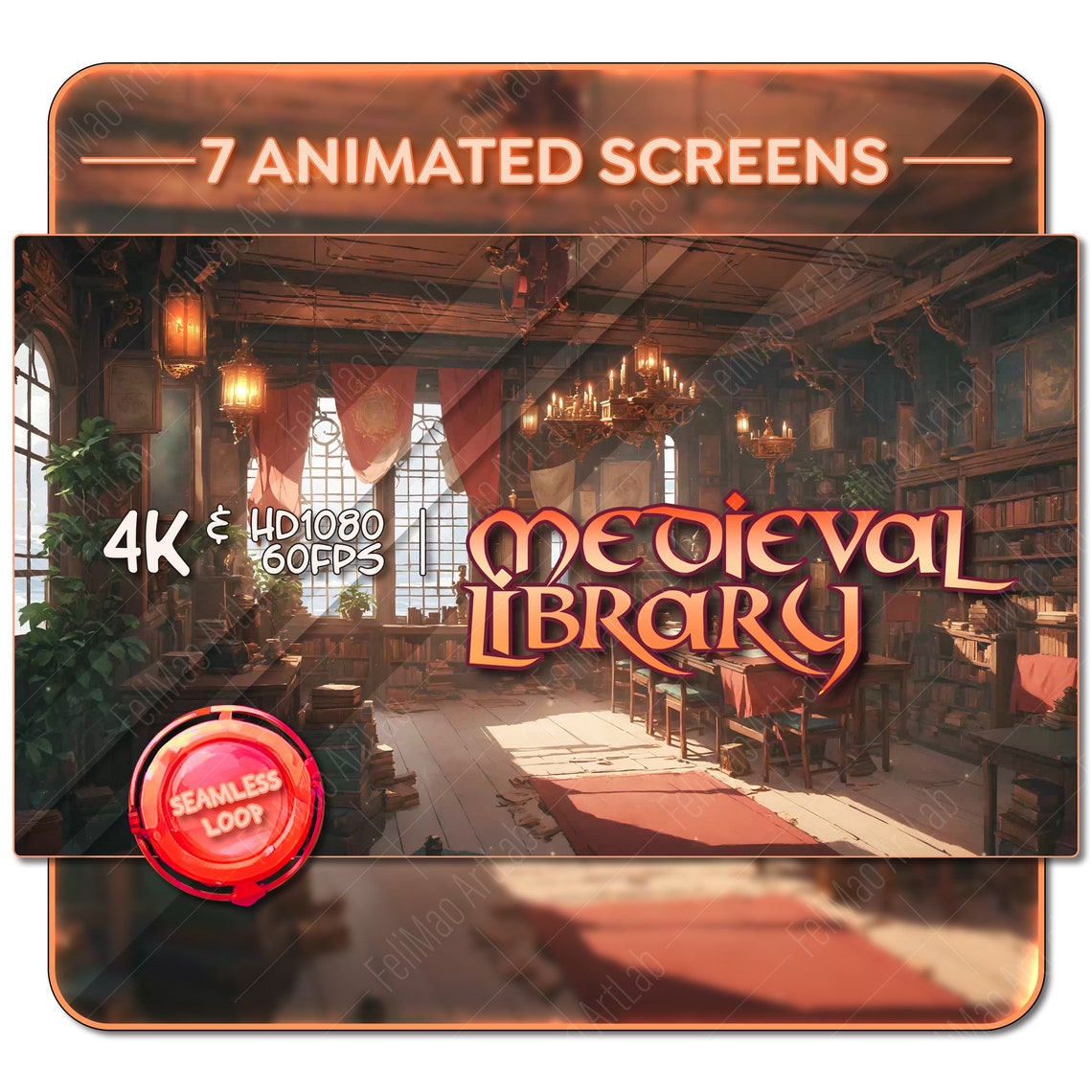 Animated Medieval Library Stream Screens: Cozy Vtuber Overlay (seamless ...
