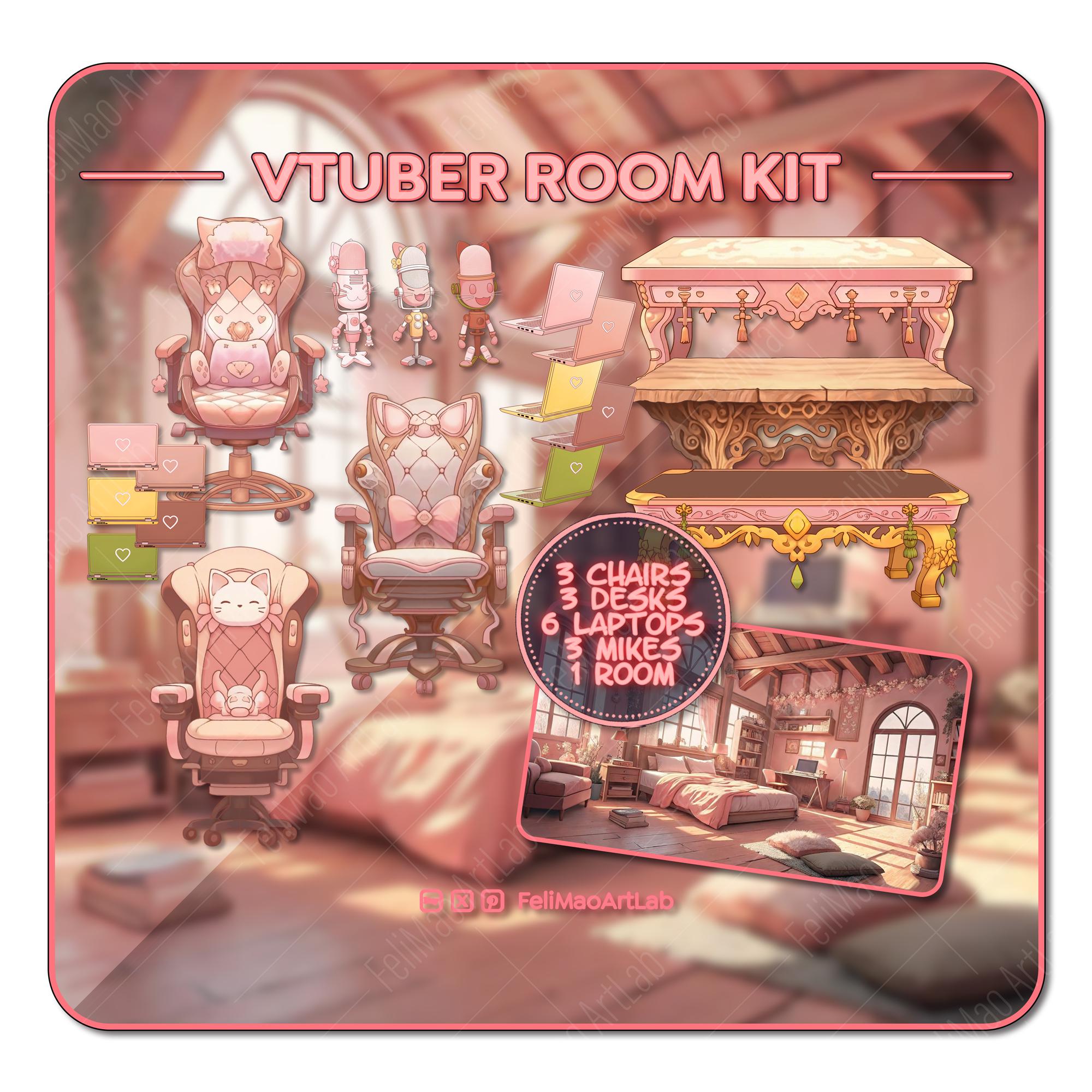 Vtuber Room Kit Pink Cat Cutie Chairs, Desks, Background Stream Asset ...