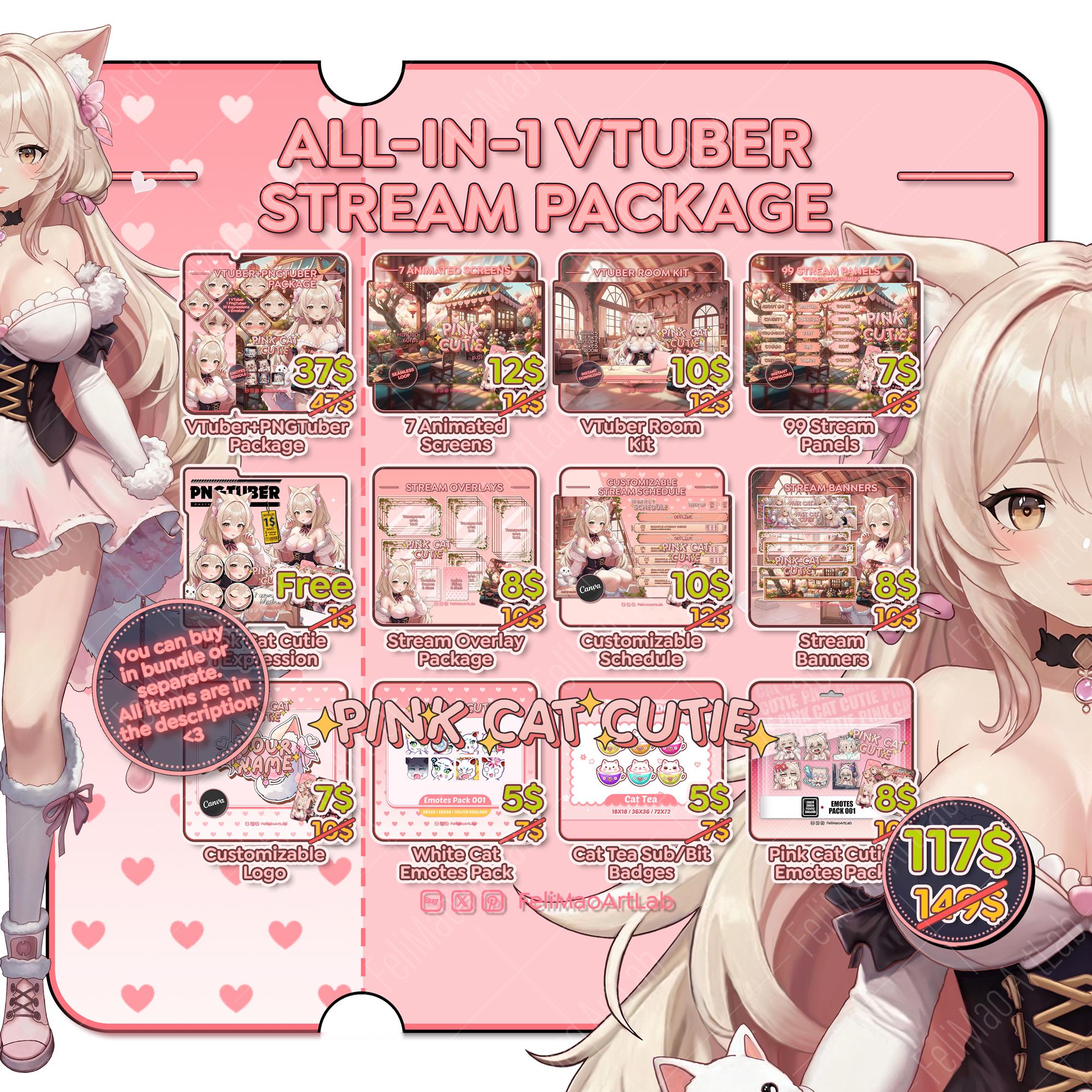 7 ANIMATED Stream Screens, Vtuber Background Overlay: Pink Cat Cutie ...