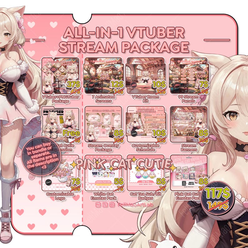 All in 1 Vtuber Pngtuber Pink Cat Cutie Stream Package Twitch Kick ...