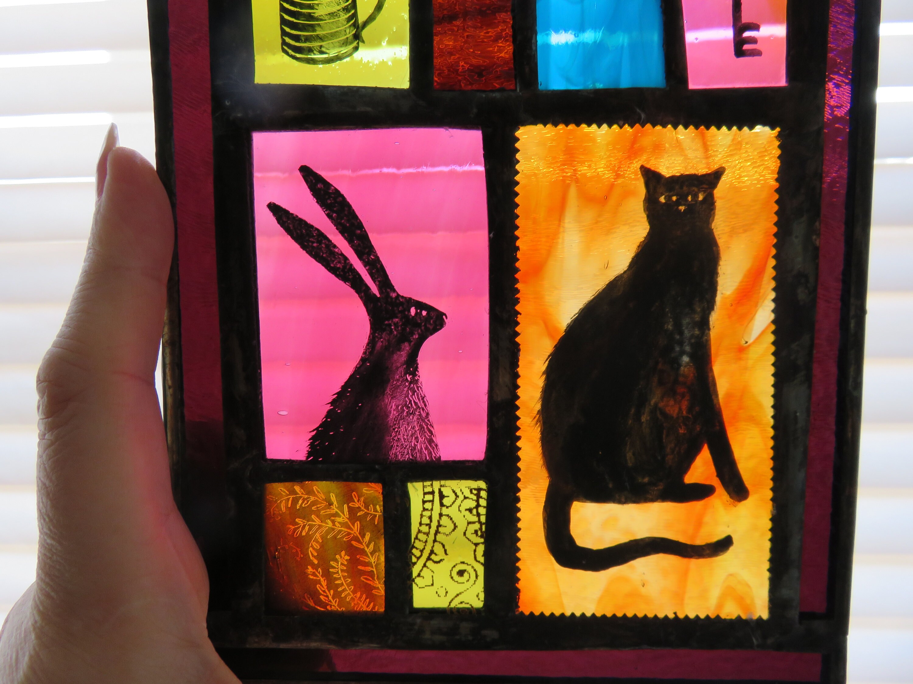Patchwork Cat & Hare Hand Painted Stained Glass Panel moongazing Window ...