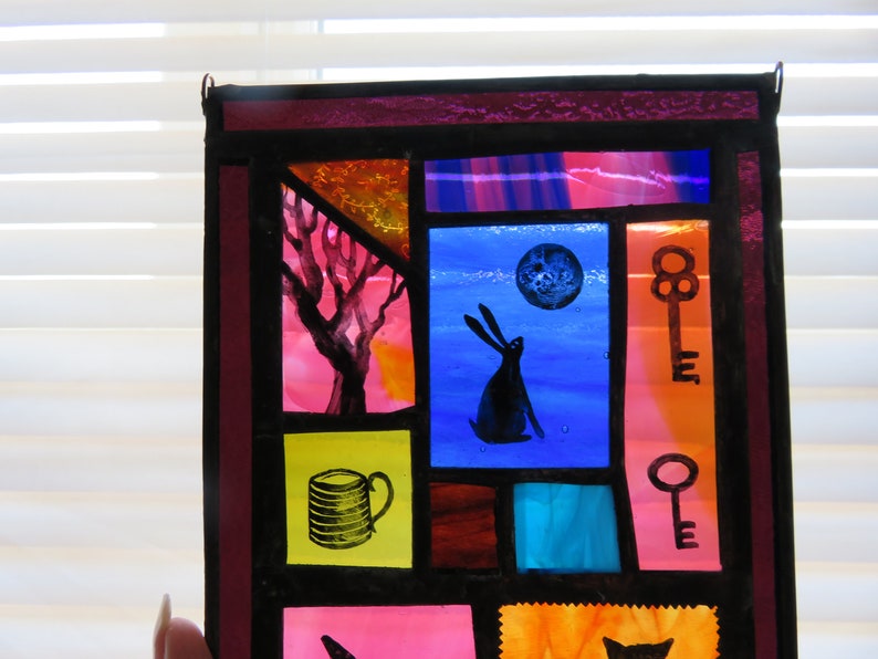 Patchwork Cat & Hare Hand Painted Stained Glass Panel moongazing Window ...