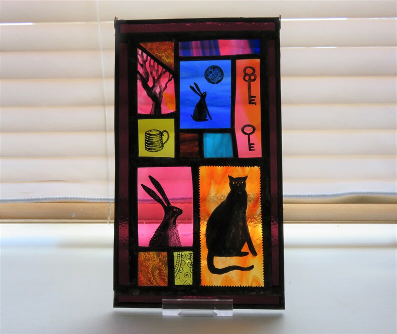 Patchwork Cat & Hare Hand Painted Stained Glass Panel moongazing Window ...