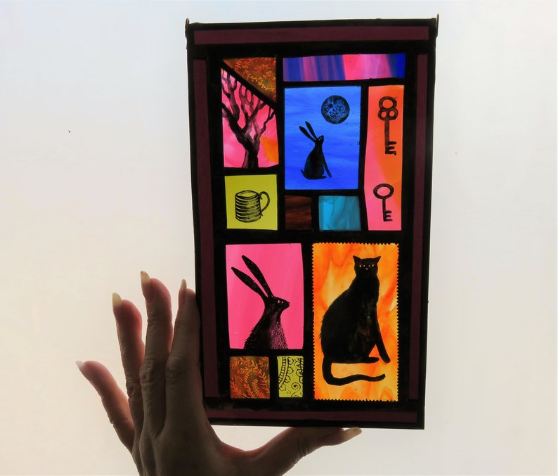 Patchwork Cat & Hare Hand Painted Stained Glass Panel moongazing Window ...