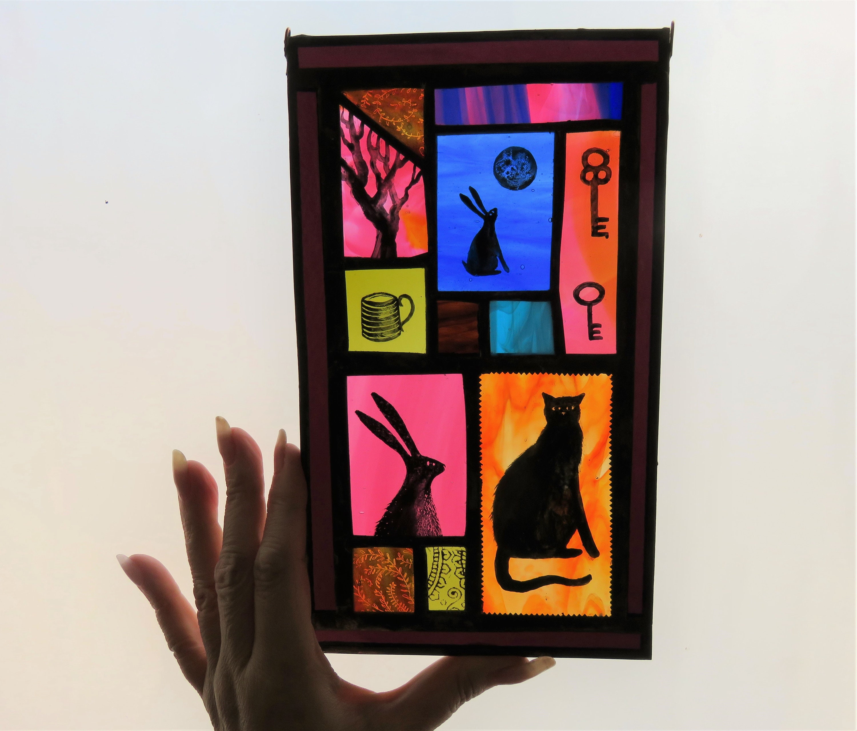 Patchwork Cat & Hare Hand Painted Stained Glass Panel moongazing Window ...