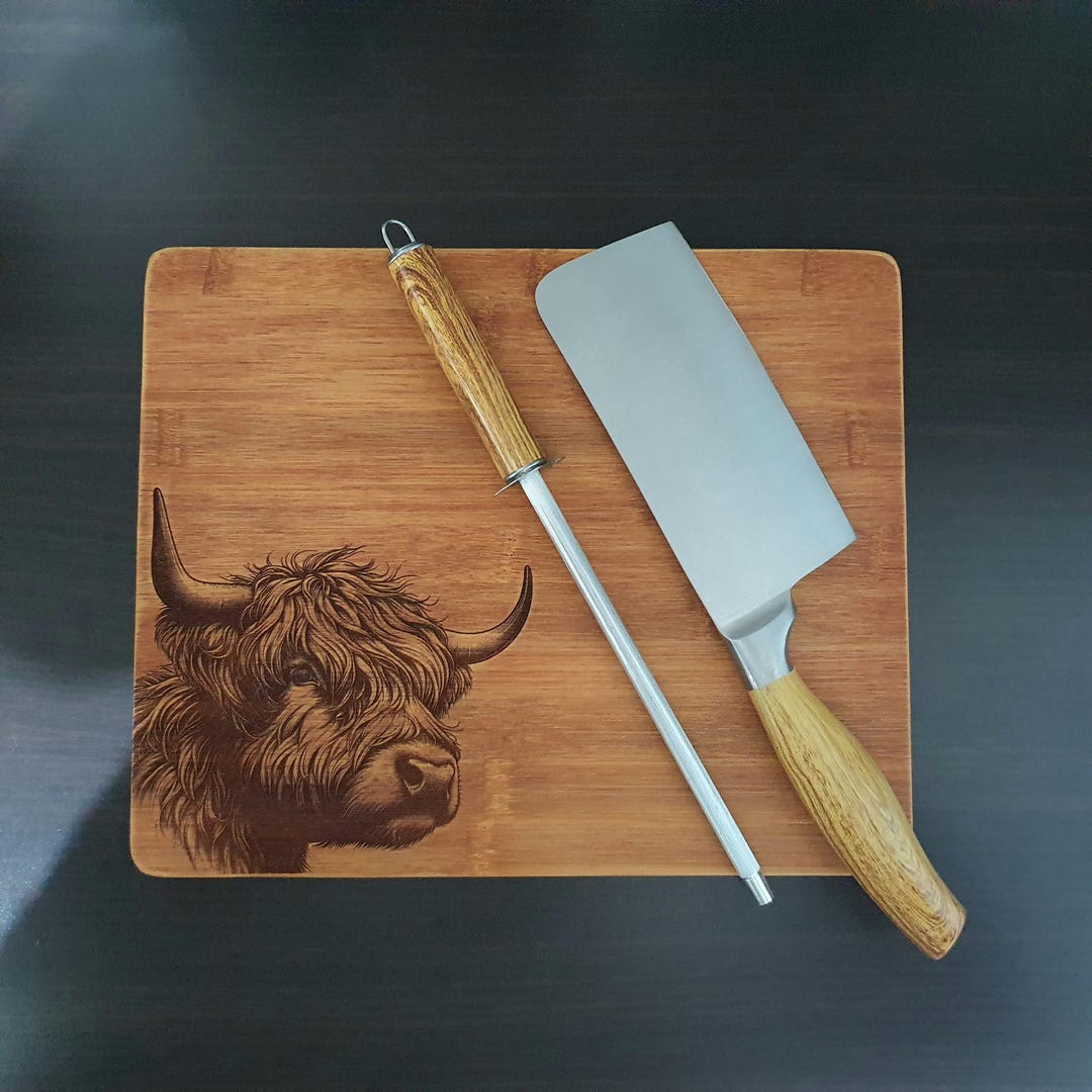 Highland Cow Rustic Chopping Board, Aged Bamboo, Scottish, Celebration ...