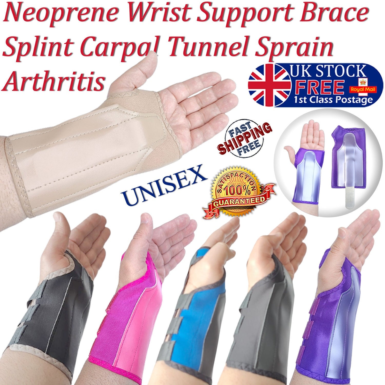 Neoprene NHS Wrist Support Brace Splint Carpal Tunnel Sprain Strain ...