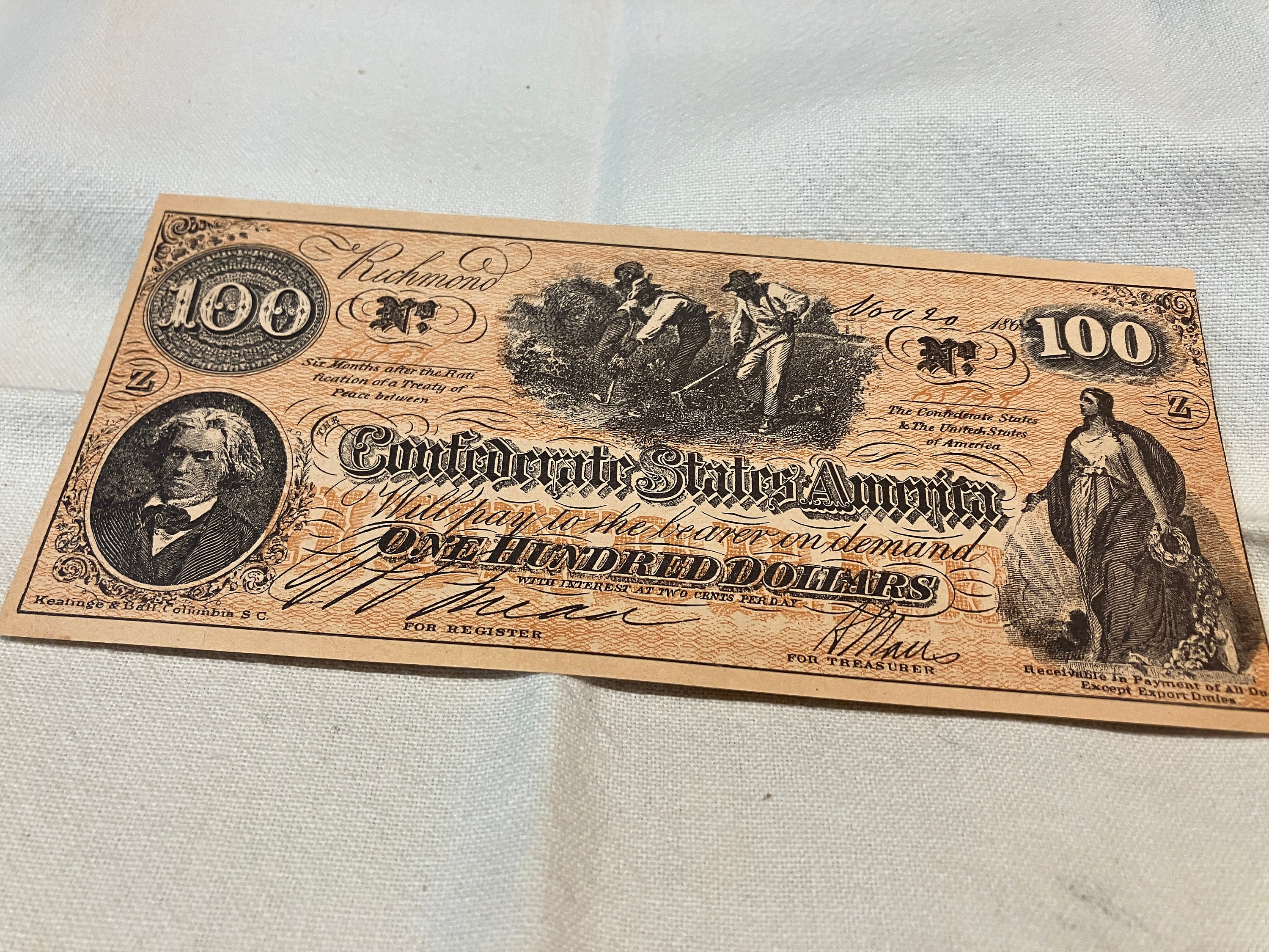 Confederate States of America Currency 1864 100 Dollar Bill Facsimile ...