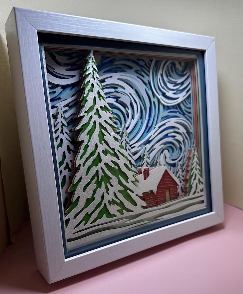 Starry Night Winter Cabin Shadow Box - Etsy
