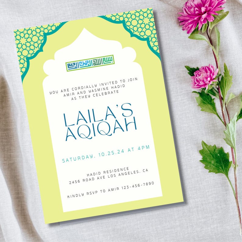 Editable Modern Arabesque Aqiqah Invitation, Aqeeqah Invitation ...