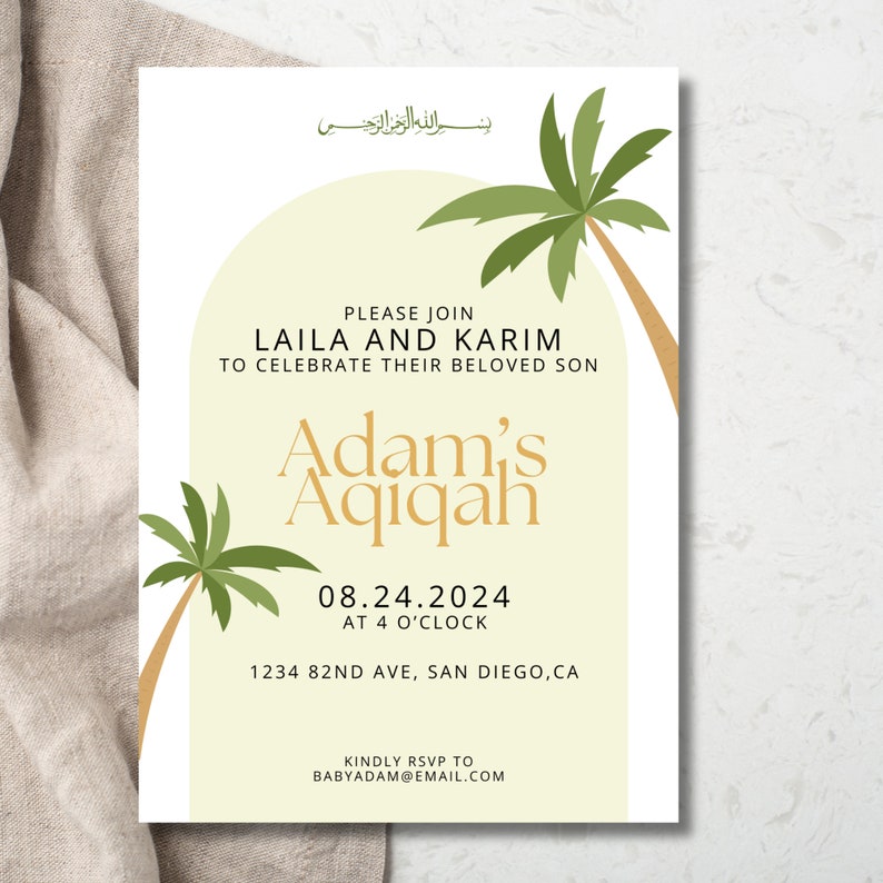 Editable Palm Trees Aqiqah Invitation, Aqeeqah Invitation Template ...