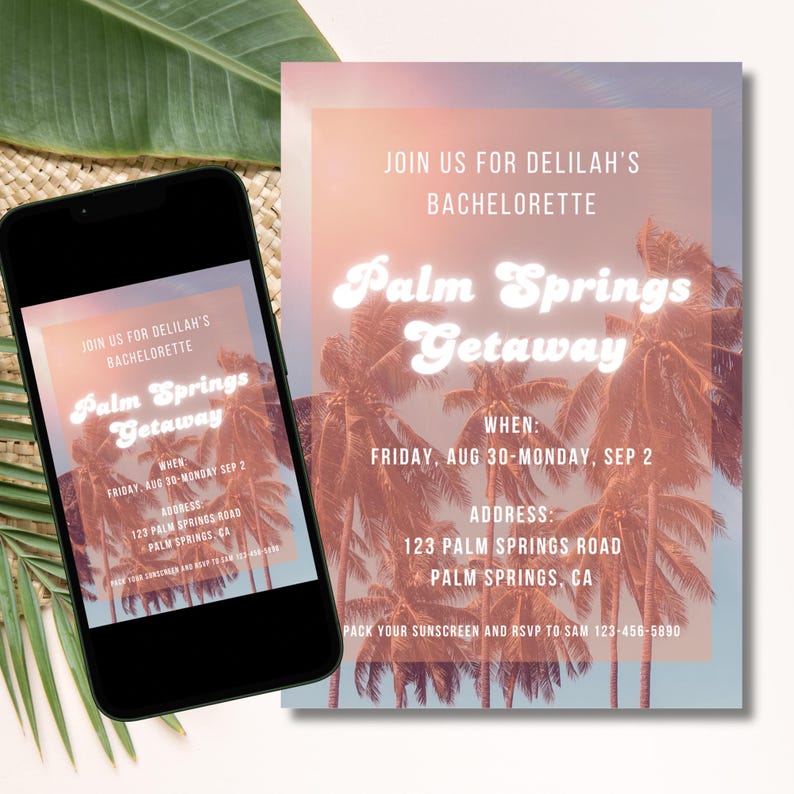 Editable Palm Springs Bachelorette Party Invitation, Pool Party ...