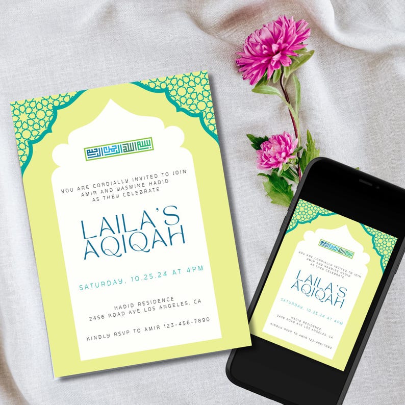 Editable Modern Arabesque Aqiqah Invitation, Aqeeqah Invitation ...