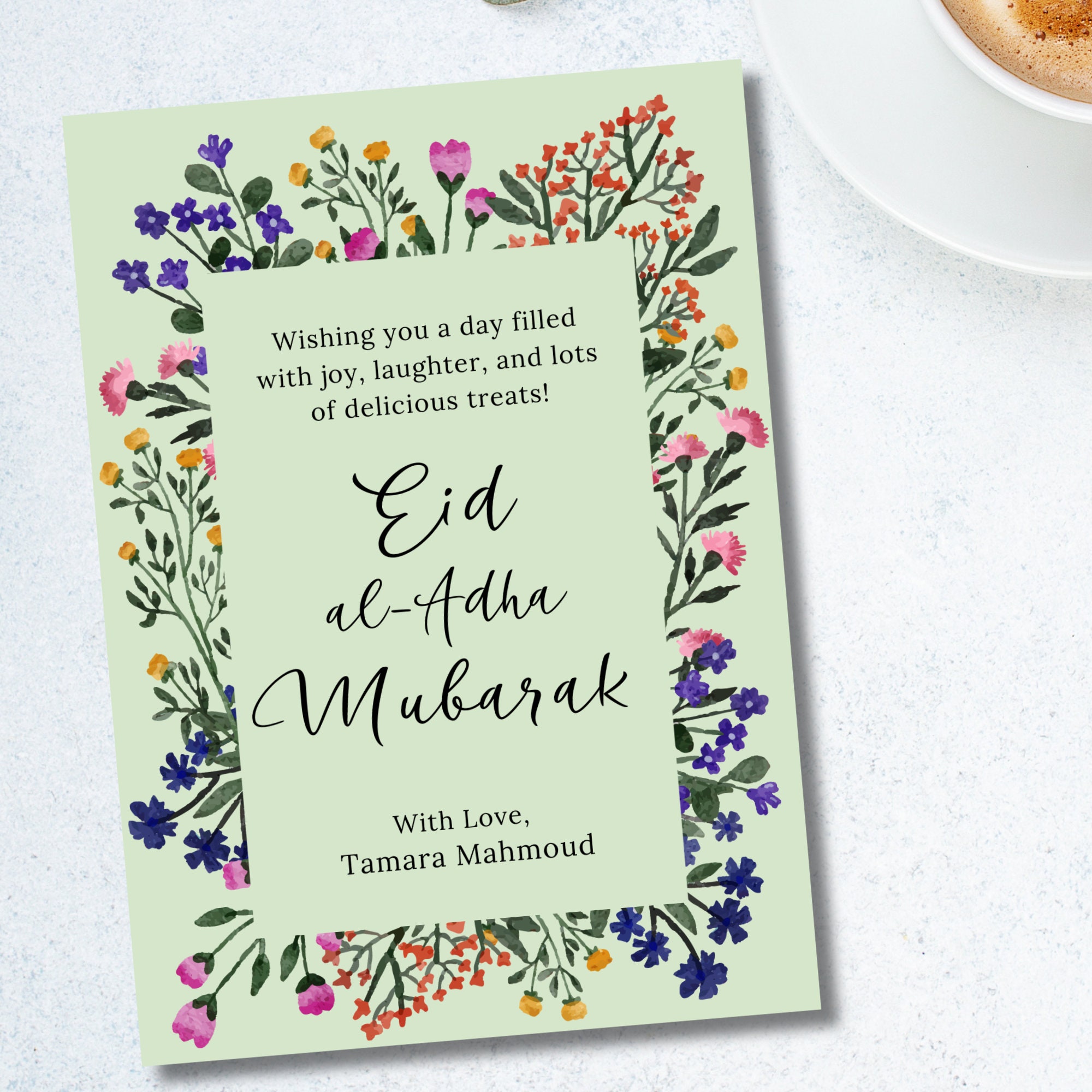 Editable Eid Greeting Card, Floral Eid Al-adha Card, Eid Mubarak Card ...