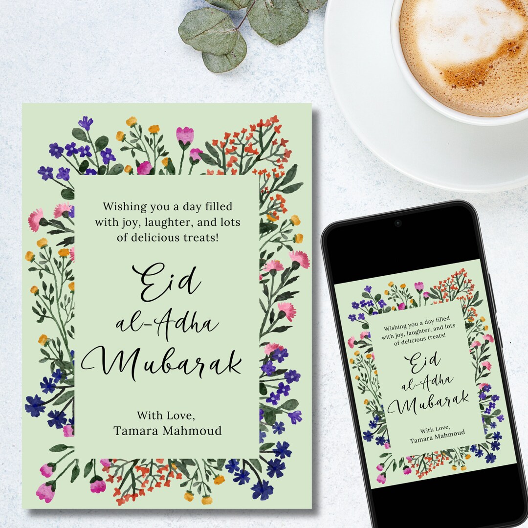 Editable Eid Greeting Card, Floral Eid Al-adha Card, Eid Mubarak Card ...