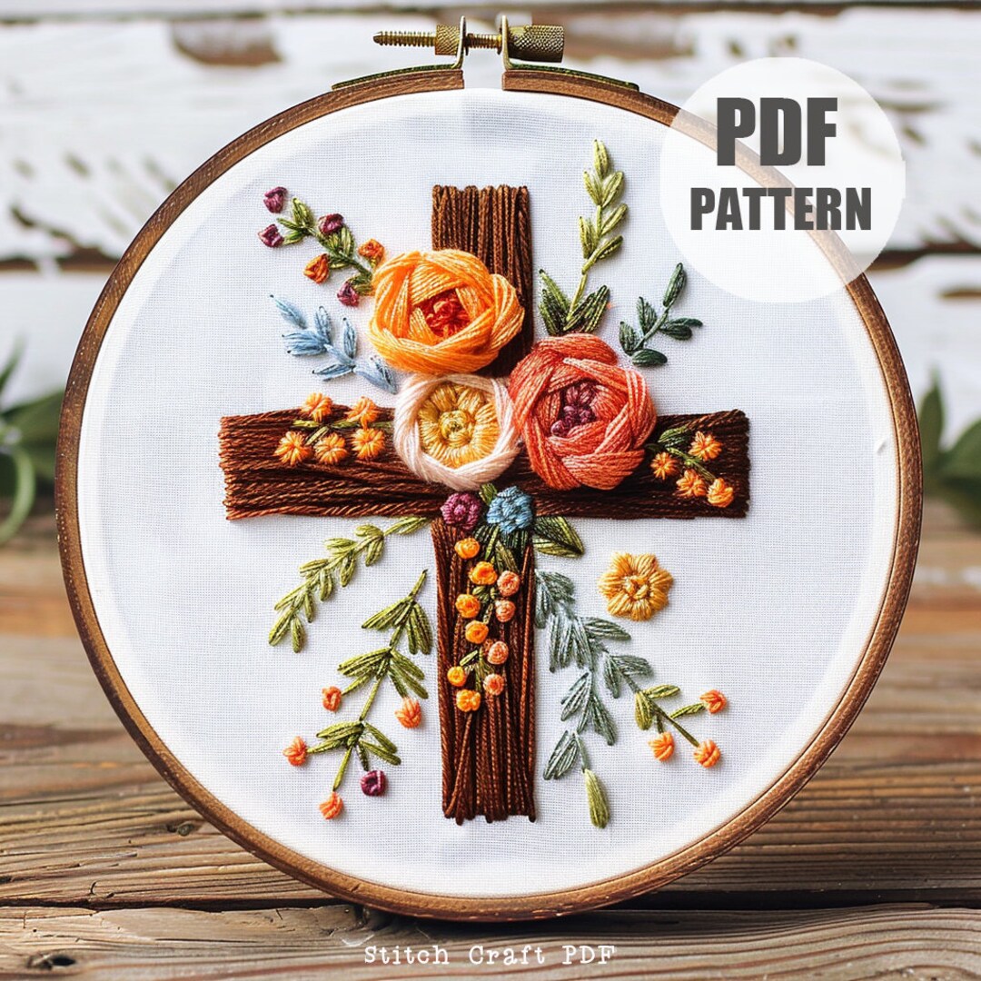 Cross Floral Embroidery Pattern, Instant Download, Easter Cross ...