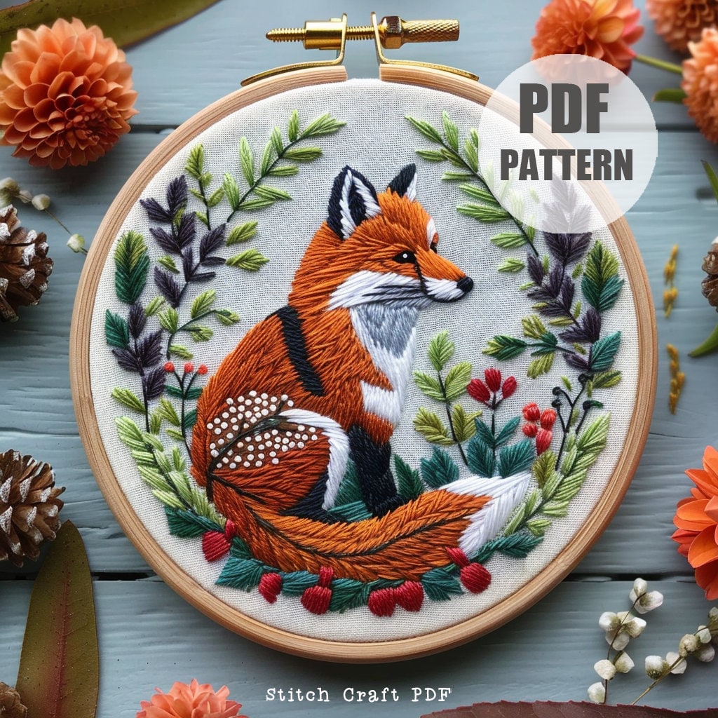 Woodland Fox Hand Embroidery, Embroidery Pattern, Fox Pattern, Digital ...